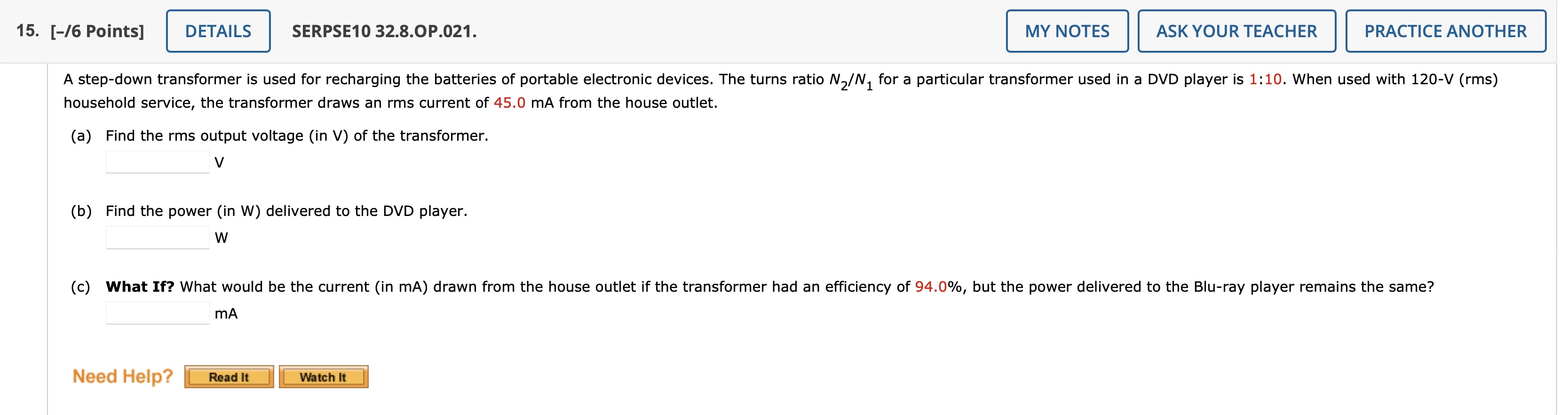 Solved [-/6 Points] SERPSE10 32.8.0P.021. A step-down | Chegg.com