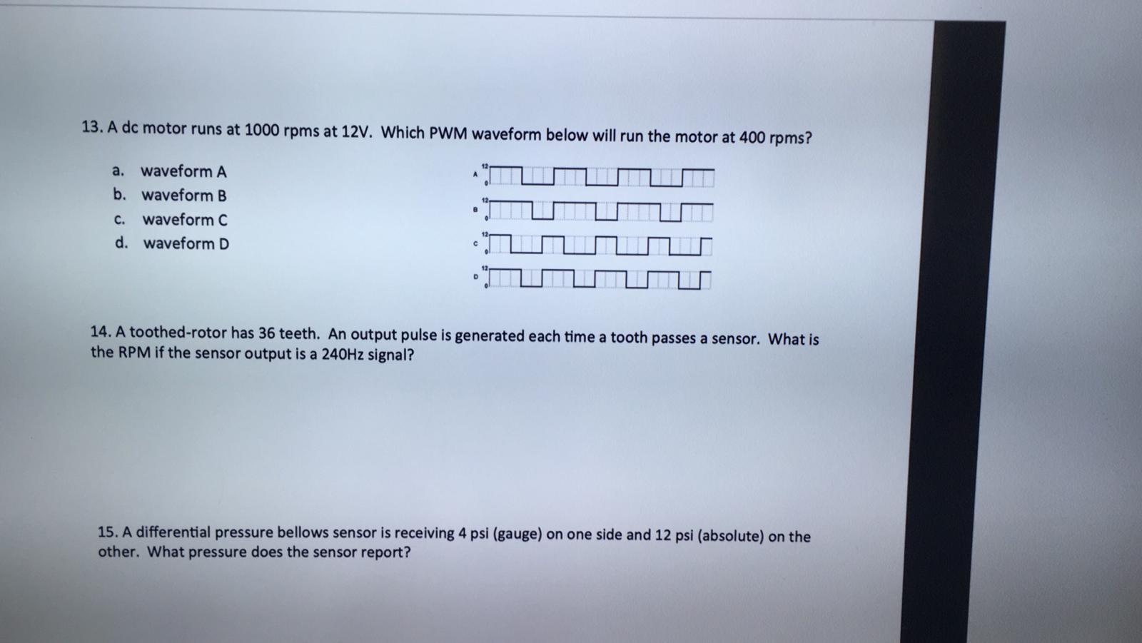 Solved 13. A dc motor runs at 1000 rpms at 12V. Which PWM | Chegg.com