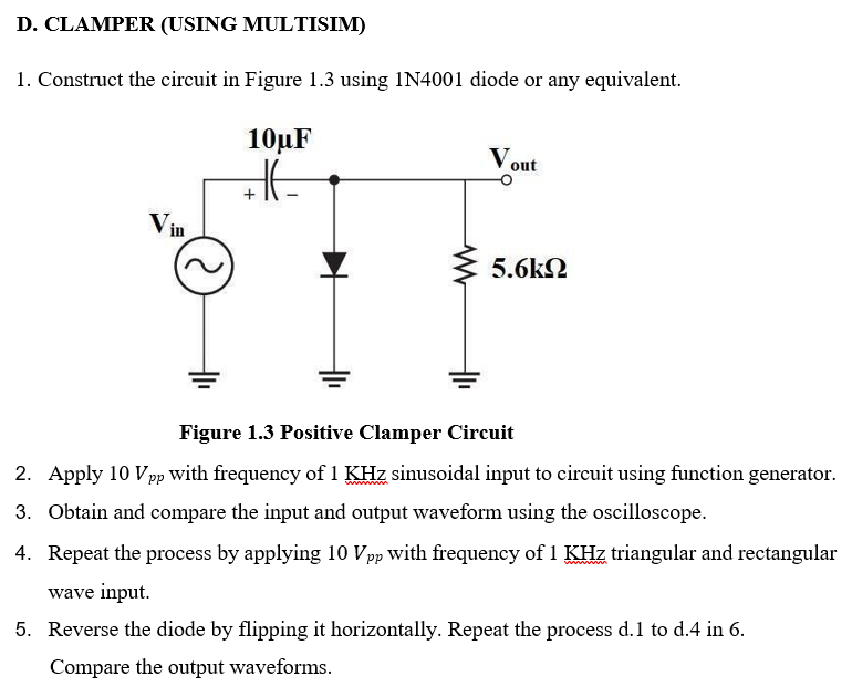 Solved D. CLAMPER (USING MULTISIM) 1. Construct the circuit | Chegg.com