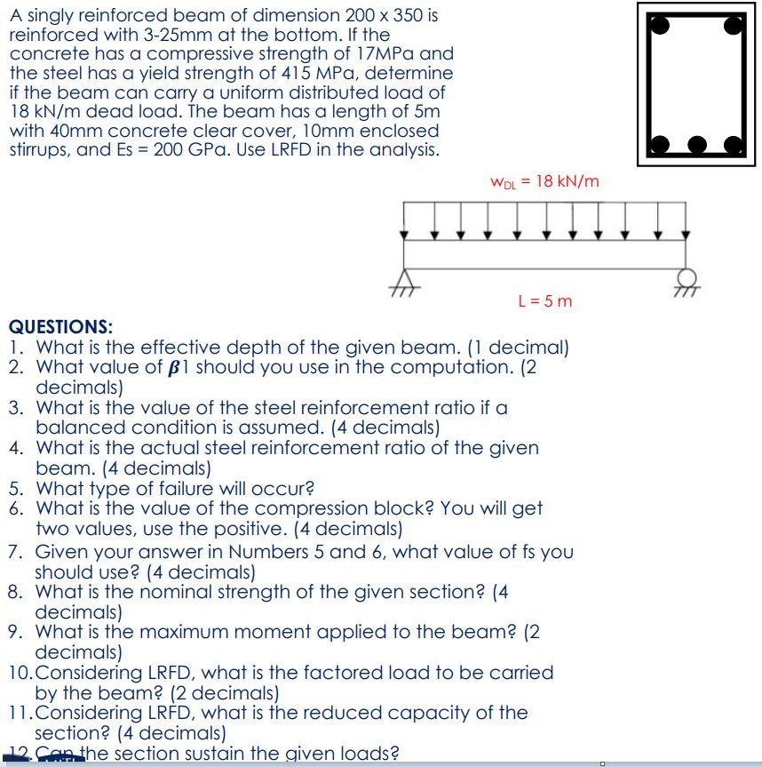 Solved A singly reinforced beam of dimension 200 x 350 is | Chegg.com