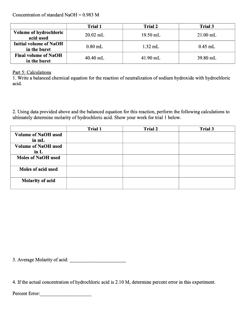 Solved Concentration of standard NaOH = 0.983 M Trial 1 | Chegg.com