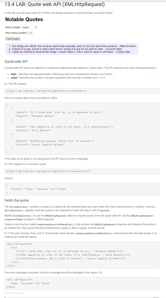 Solved 13.4 LAB: Quote web API (XMLHttpRequest) In this lab, | Chegg.com
