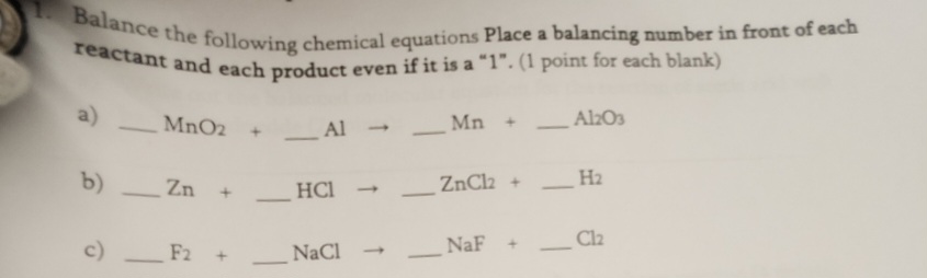 Solved Balance the following chemical equations Place a | Chegg.com
