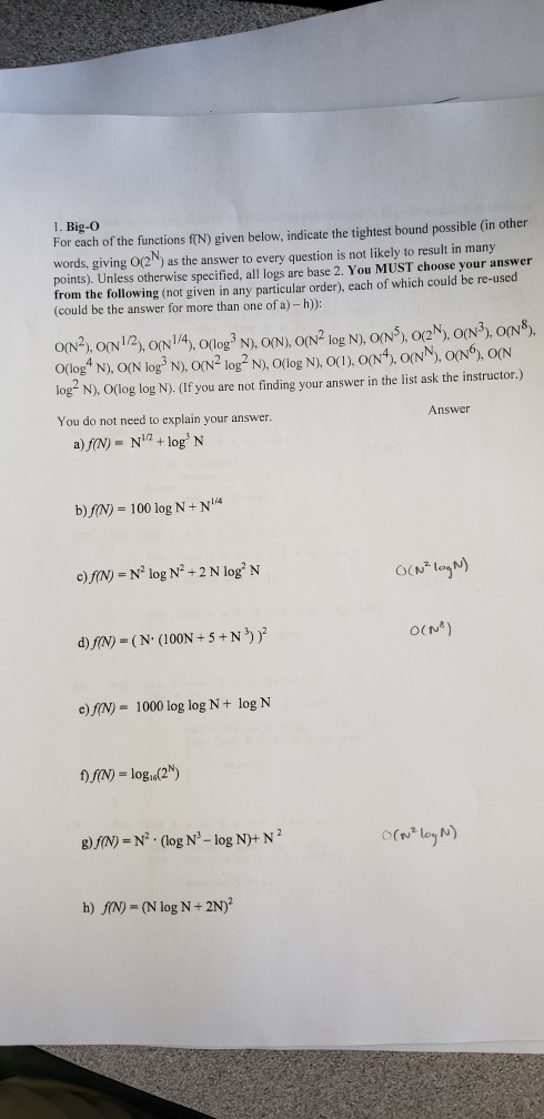 Solved 1. Big-O For each of the functions f(N) given below, | Chegg.com