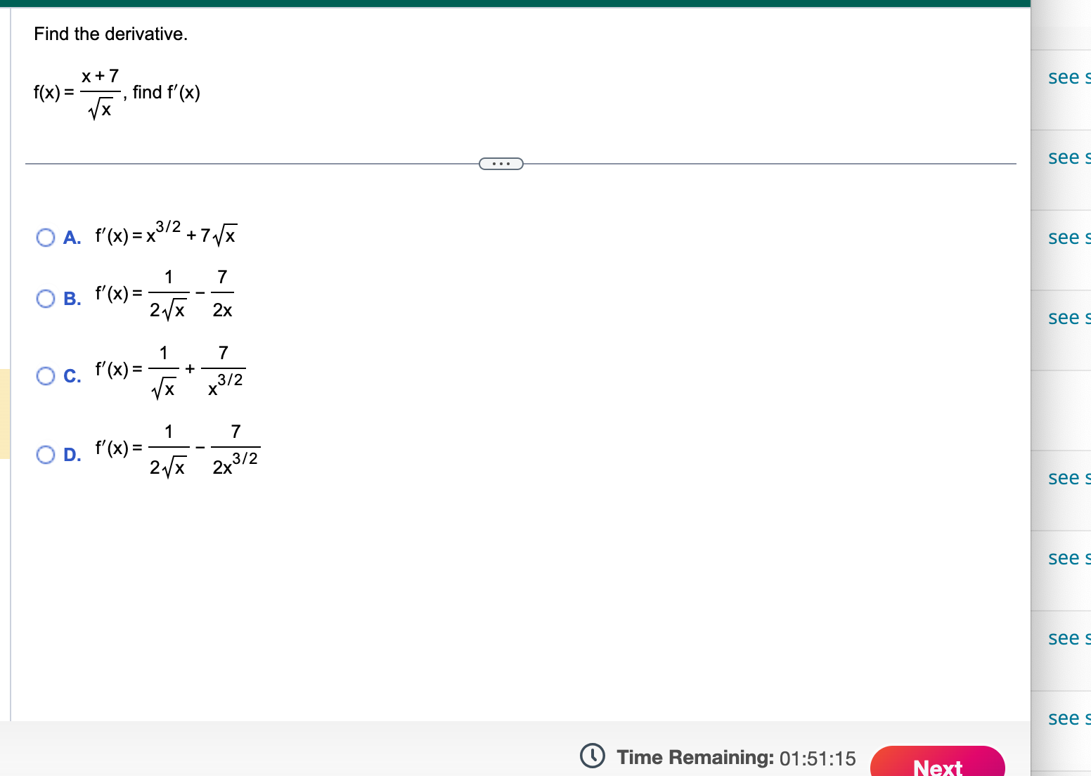 Solved Find the derivative.f(x)=x+7x2, ﻿find | Chegg.com