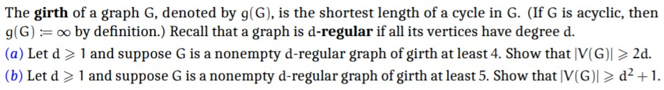 Solved The girth of a graph G, denoted by g(G), is the | Chegg.com