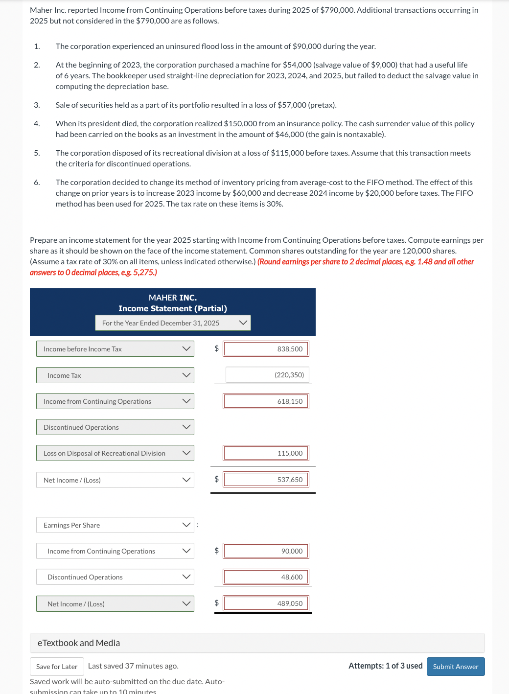 Solved Maher Inc. reported Income from Continuing Operations | Chegg.com