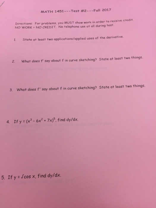 Solved MATH 1451 Test #2 Fall 2017 Directions: For problems, | Chegg.com