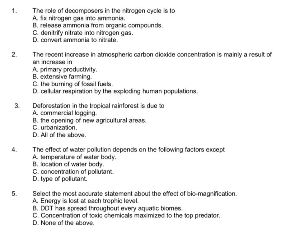 Solved 1. The role of decomposers in the nitrogen cycle is | Chegg.com