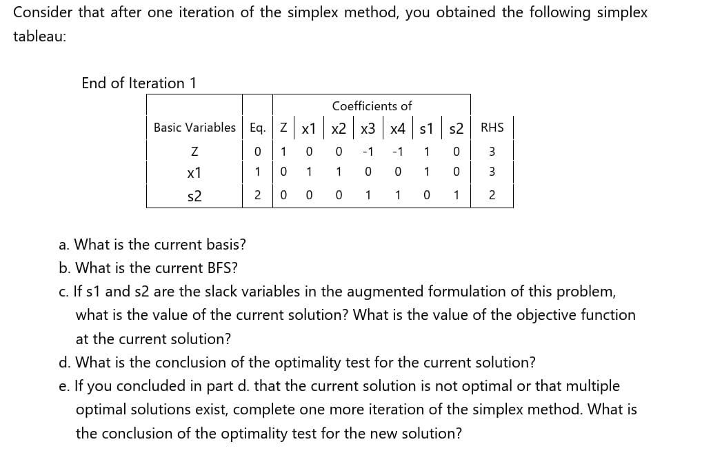 Solved Consider that after one iteration of the simplex | Chegg.com