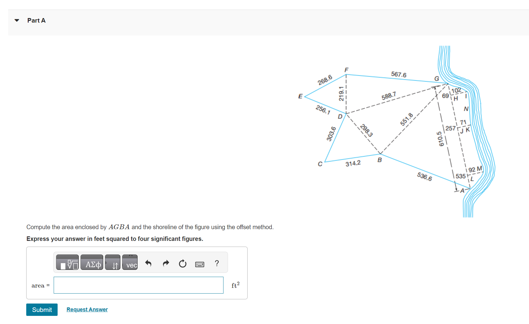Solved Compute the area enclosed by AGBA and the shoreline | Chegg.com