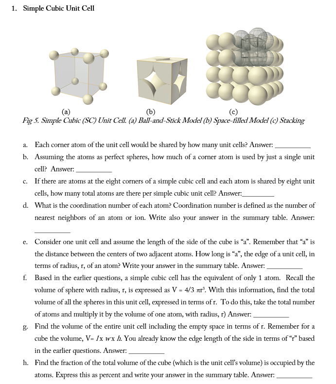 Solved 1 Simple Cubic Unit Cell A 6 Fig 5 Simple Cubic