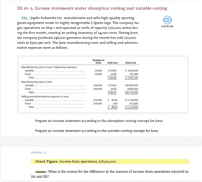 Solved 5 EX 20-3. Income statements under absorption costing | Chegg.com