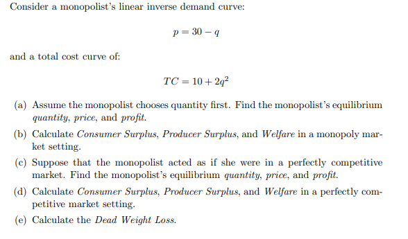 Solved Consider a monopolist's linear inverse demand curve: | Chegg.com
