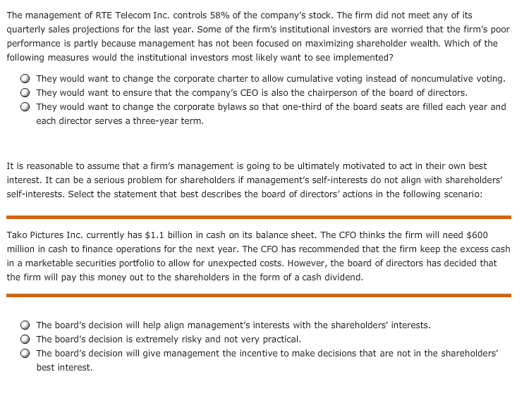 Solved The management of RTE Telecom Inc. controls 58% of | Chegg.com