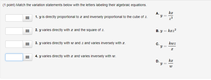 Solved (1 point) Match the variation statements below with | Chegg.com