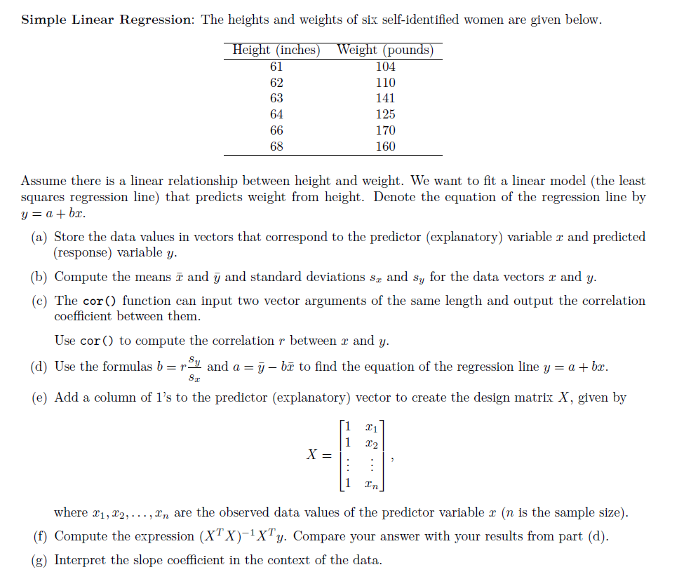 Simple Linear Regression: The heights and weights of | Chegg.com