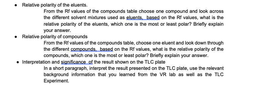 Solved Relative Polarity Of The Eluents From The Rf Values