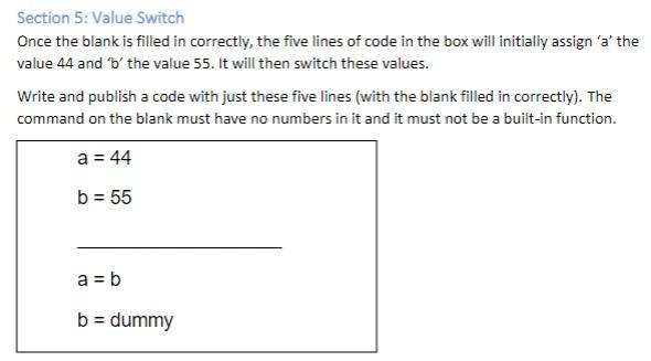 Solved Section 5: Value Switch Once the blank is filled in | Chegg.com