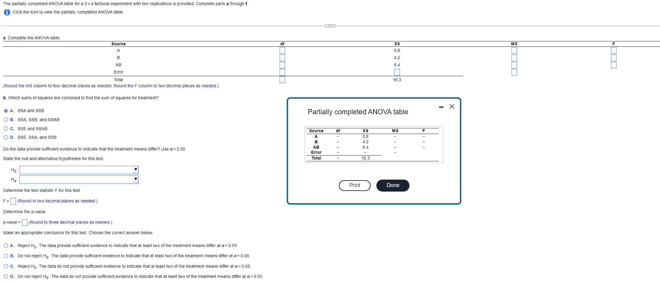Solved The partially completed ANOVA table for a 3×4 | Chegg.com