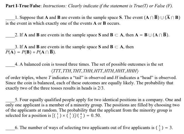 Solved Part I-True/False: Instructions: Clearly indicate if | Chegg.com