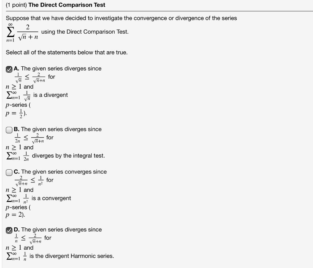 Solved (1 point) The Direct Comparison Test Suppose that we | Chegg.com