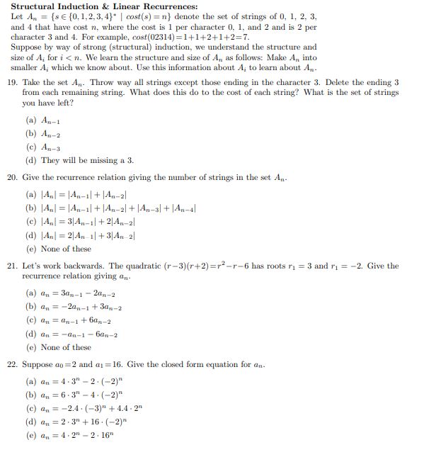 Solved Structural Induction And Linear Recurrences Let