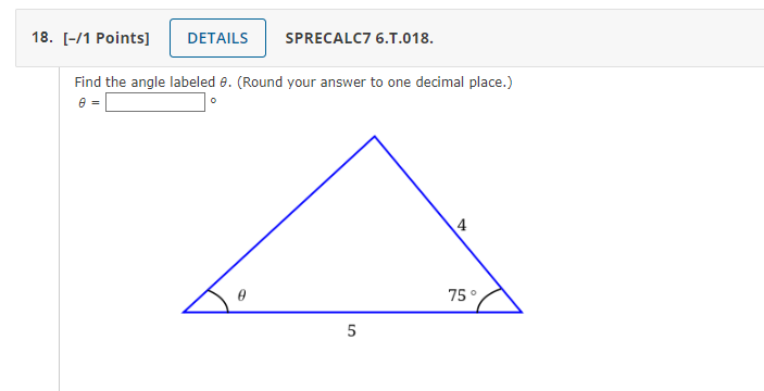 Solved Find the angle labeled θ. (Round your answer to one | Chegg.com