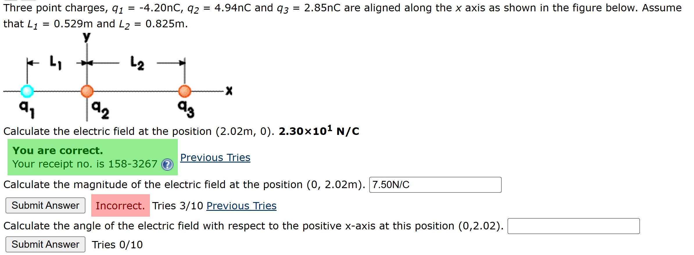 Solved Three point charges, q1=-4.20nC,q2=4.94nC ﻿and | Chegg.com