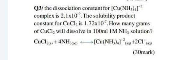 Solved Q3/ the dissociation constant for [Cu(NH3).]*2 | Chegg.com