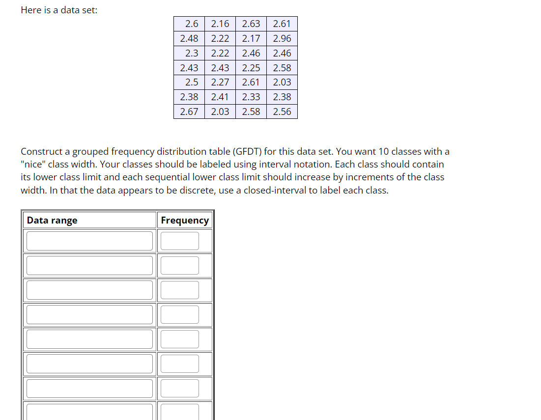 Solved Here is a data set: Construct a grouped frequency | Chegg.com
