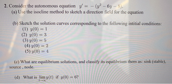 Solved 2. Consider the autonomous equation y=-(y2-6y-8) (a) | Chegg.com