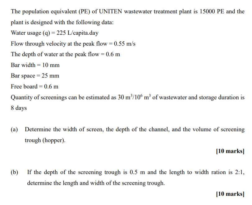 Solved The population equivalent (PE) of UNITEN wastewater | Chegg.com