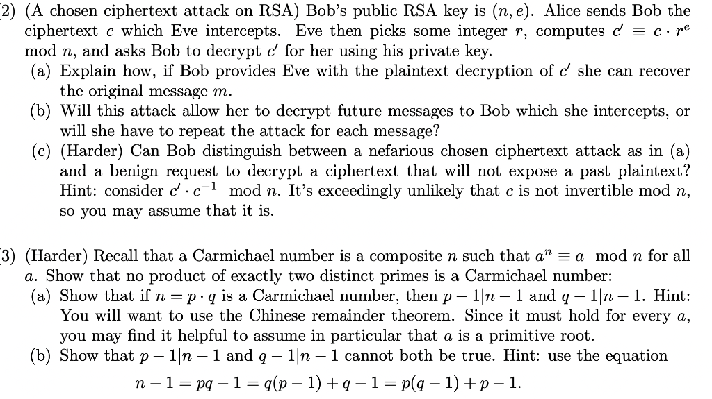 Solved 2) (A chosen ciphertext attack on RSA) Bob's public | Chegg.com