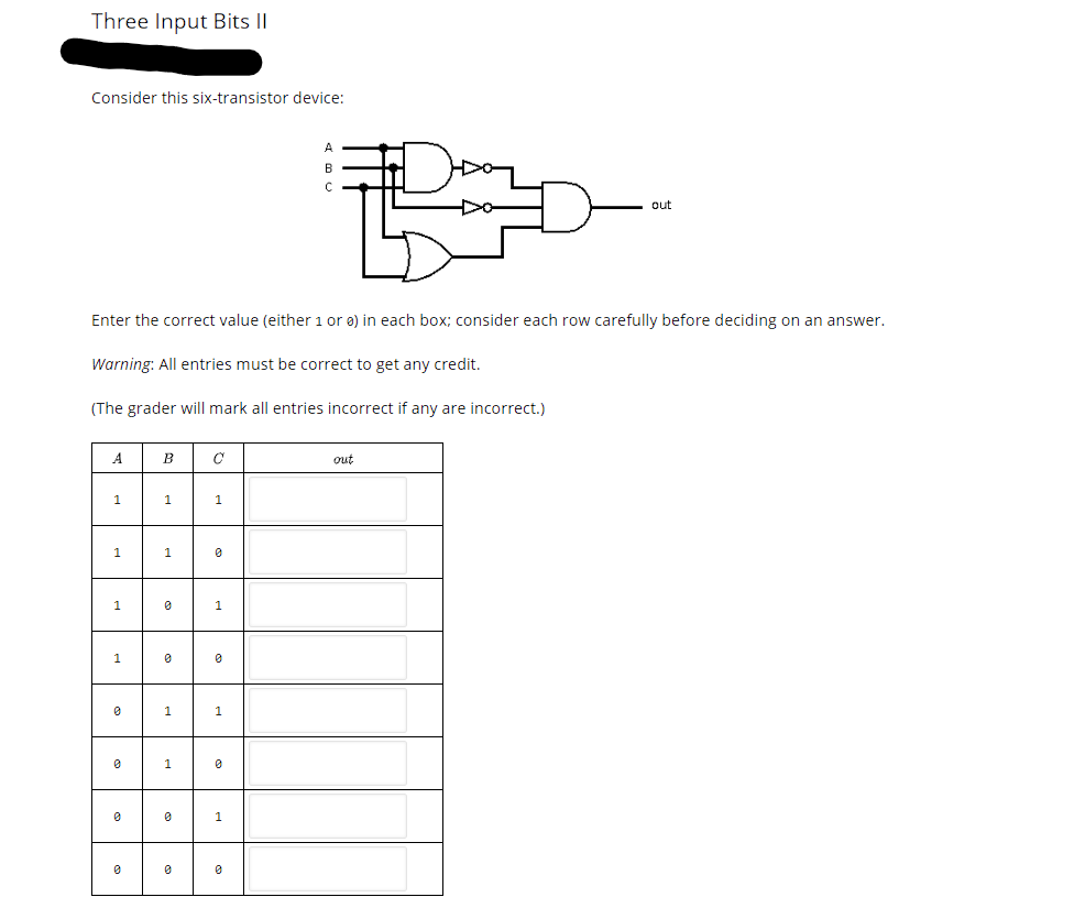 Solved Three Input Bits II Consider this six-transistor | Chegg.com