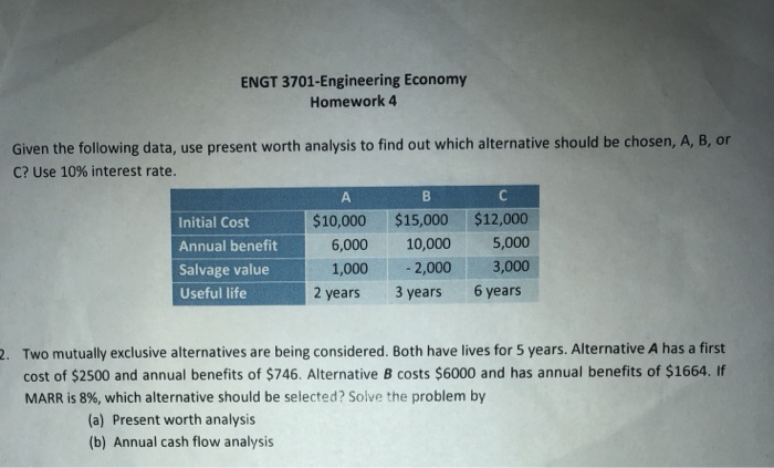 Solved ENGT 3701-Engineering Economy Homework 4 Given the | Chegg.com