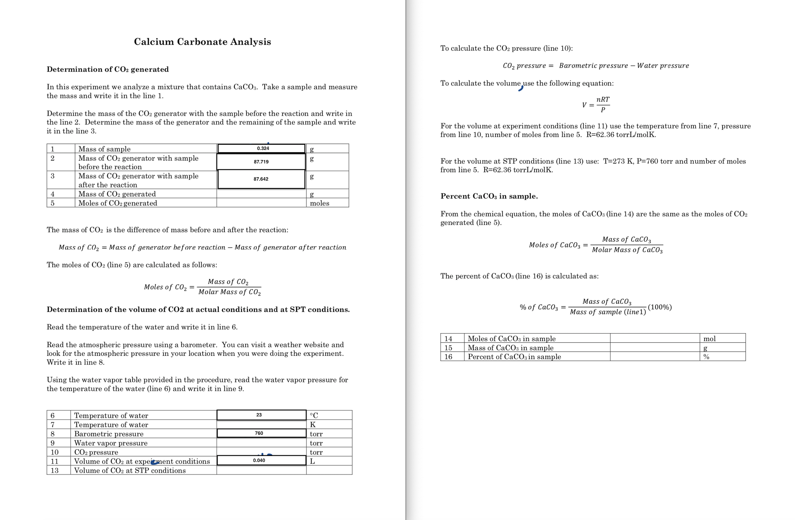Solved Calcium Carbonate Analysis To calculate the CO2 | Chegg.com