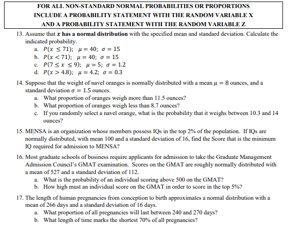 Solved FOR ALL NON-STANDARD NORMAL PROBABILITIES OR | Chegg.com
