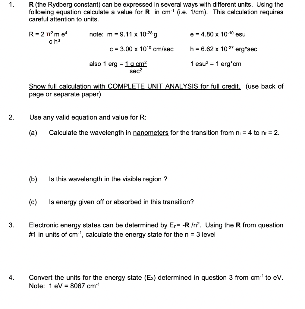 Solved 1. R (the Rydberg constant) can be expressed in | Chegg.com