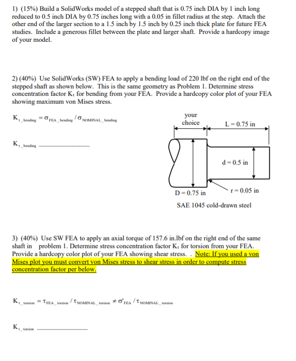 Solved I) (15%) Build a SolidWorks model of a stepped shaft | Chegg.com