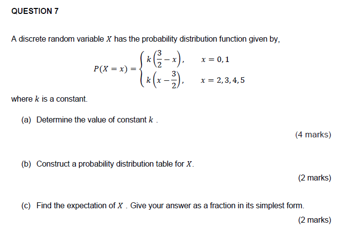 Solved QUESTION 7 A discrete random variable X has the | Chegg.com