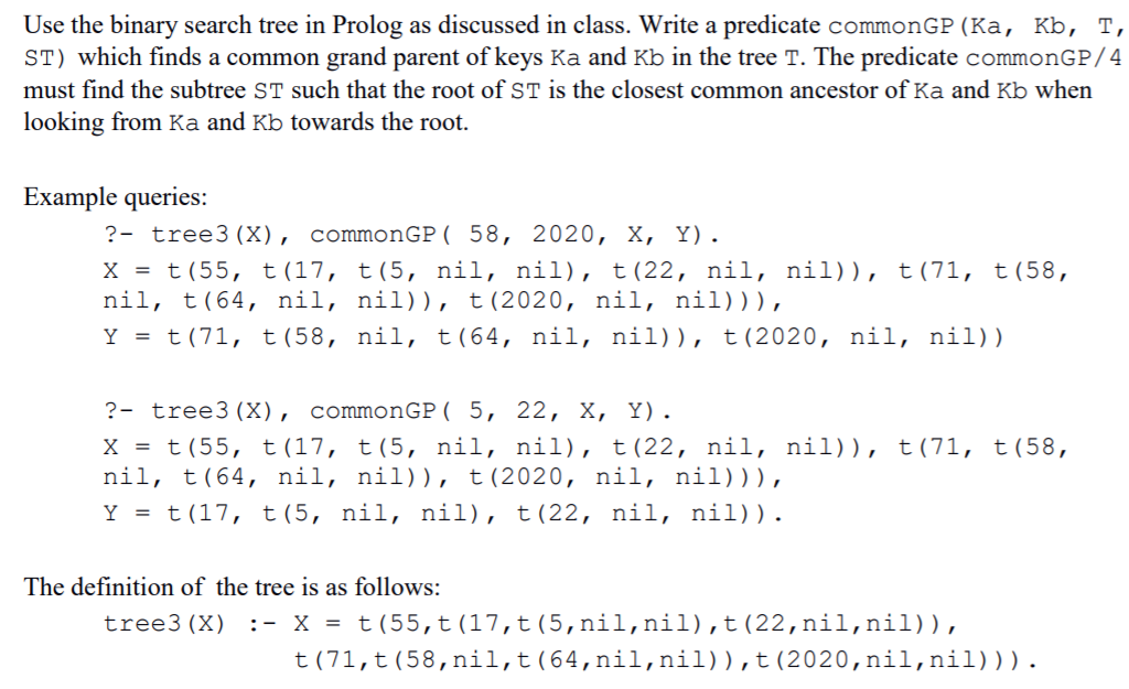 Use the binary search tree in Prolog as discussed in | Chegg.com