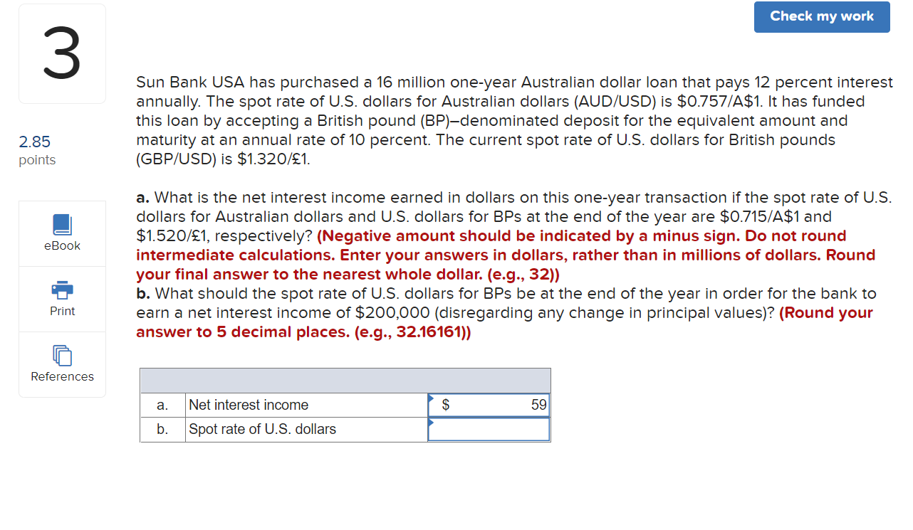 Solved 3 2.85 points eBook Print References Sun Bank USA has | Chegg.com