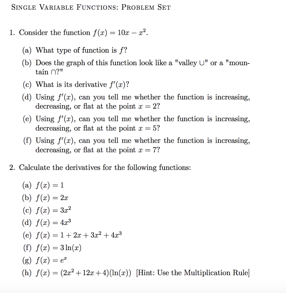 Solved SINGLE VARIABLE FUNCTIONS: PROBLEM SET 1. Consider | Chegg.com