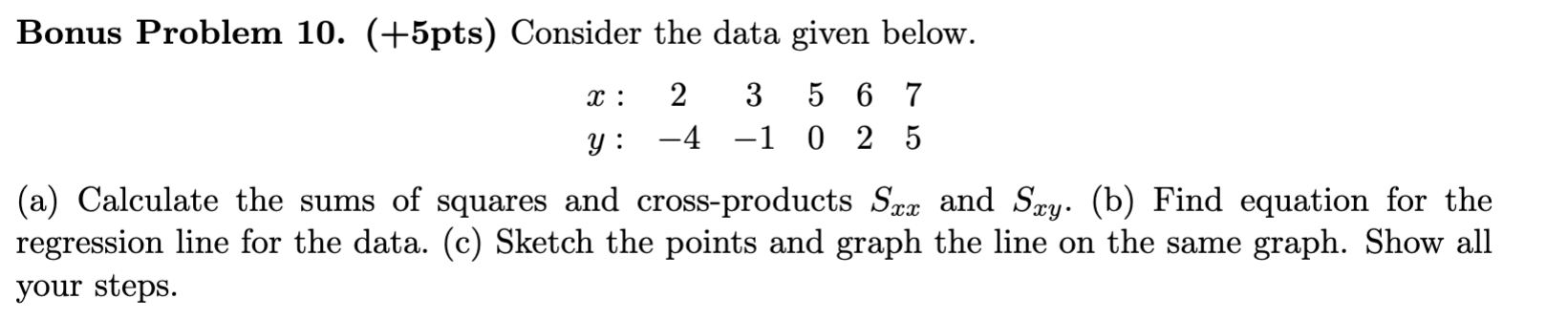 Solved Bonus Problem 10. (+5pts) Consider the data given | Chegg.com