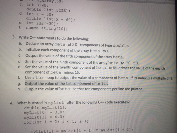 Solved “ c myArray [ 50 ; c. int SIZE; double list[SIZE] d' | Chegg.com