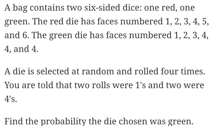 Solved A bag contains two six-sided dice: one red, one | Chegg.com