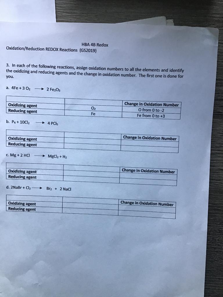 Solved HBA 4B Redox Oxidation/Reduction REDOX Reactions | Chegg.com