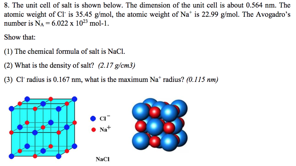 Solved 8. The unit cell of salt is shown below. The | Chegg.com
