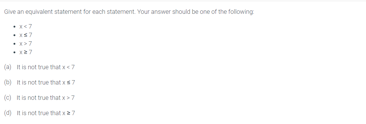 Solved Give an equivalent statement for each statement. Your | Chegg.com
